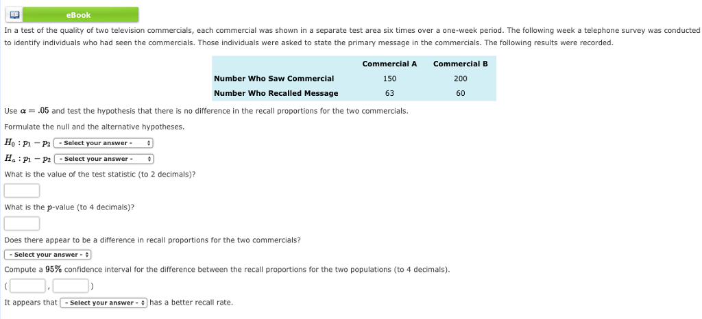 eBook In a test of the quality of two television | Chegg.com