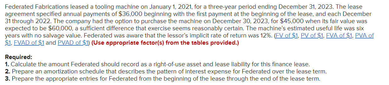 Solved Federated Fabrications leased a tooling machine on | Chegg.com