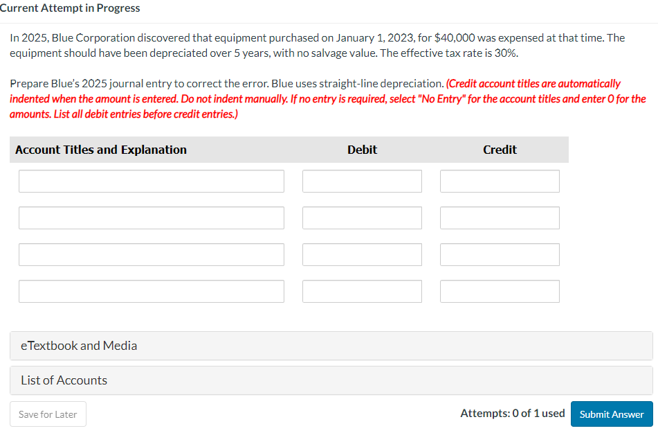 Solved In 2025, Blue Corporation discovered that equipment | Chegg.com