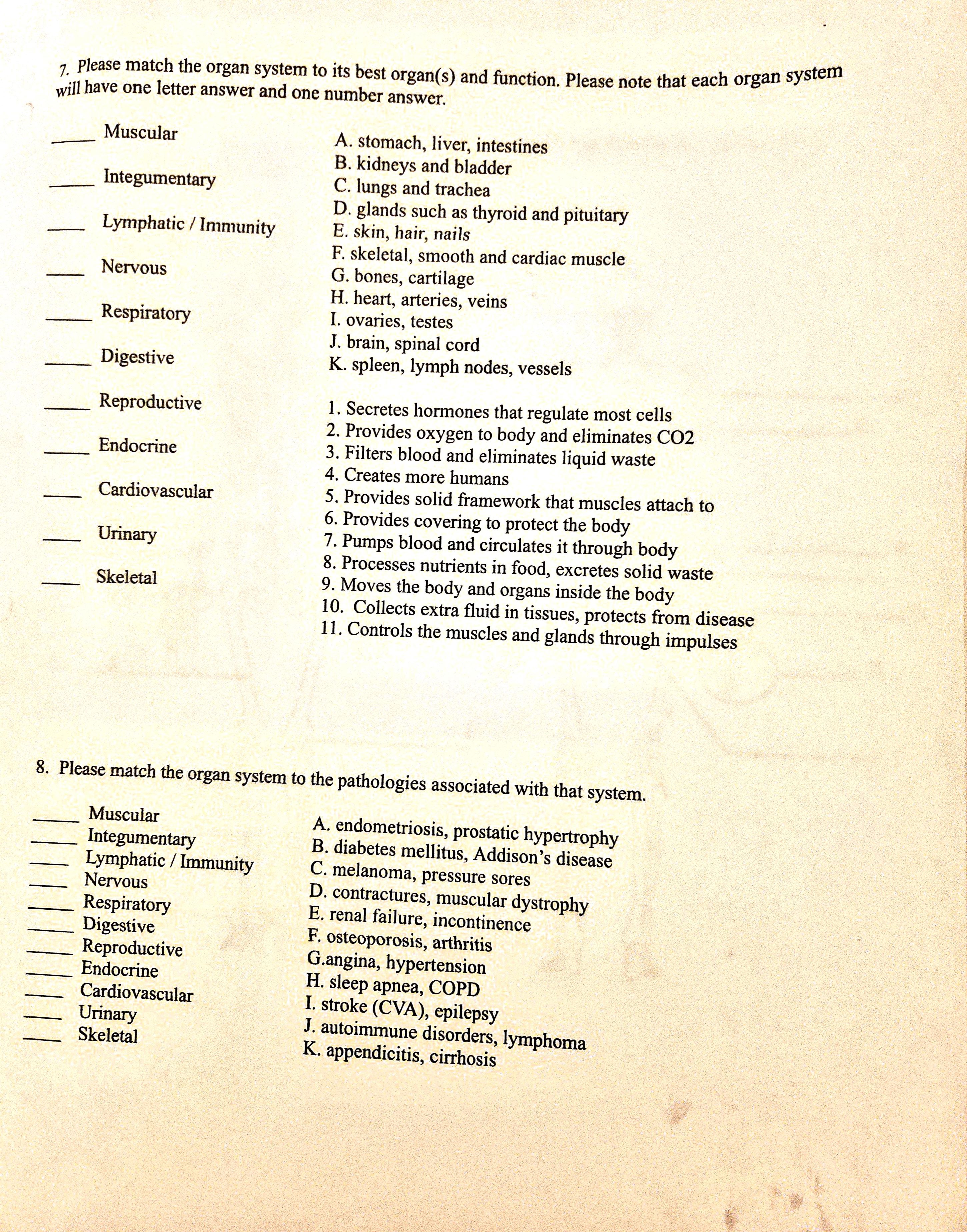 Solved 7. Please match the organ system to its best organ(s) | Chegg.com