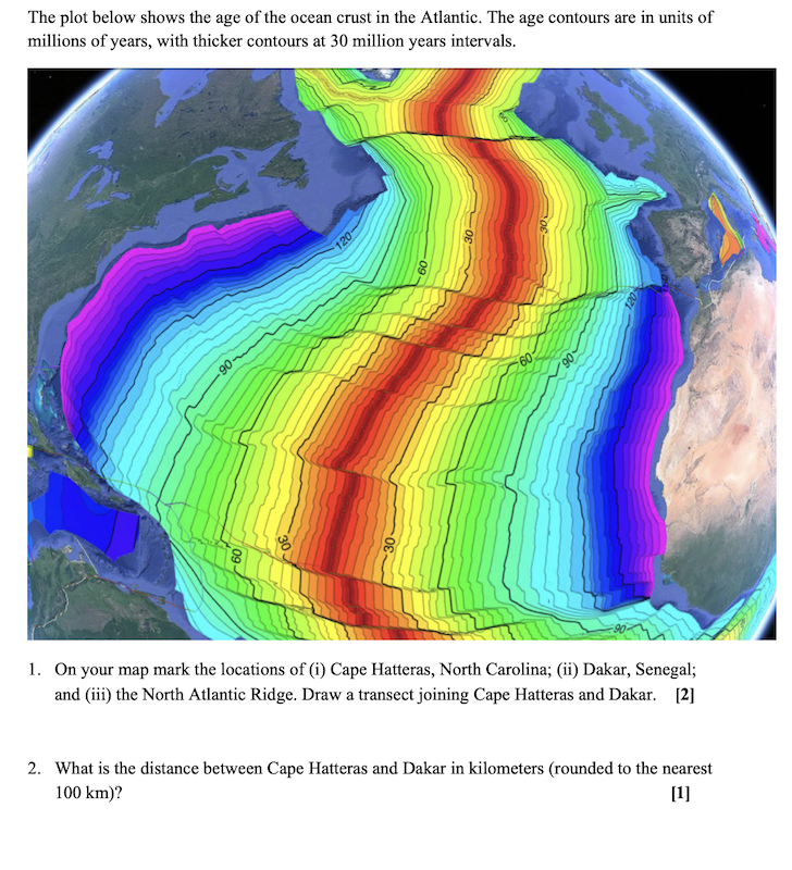 Solved The plot below shows the age of the ocean crust in | Chegg.com