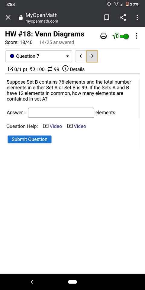 Solved 3:55 0 20% x MyOpenMath myopenmath.com HW #18: Venn | Chegg.com
