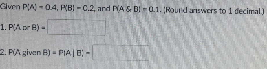 Solved Given P(A)=0.4,P(B)=0.2, and P(A&B)=0.1. (Round | Chegg.com