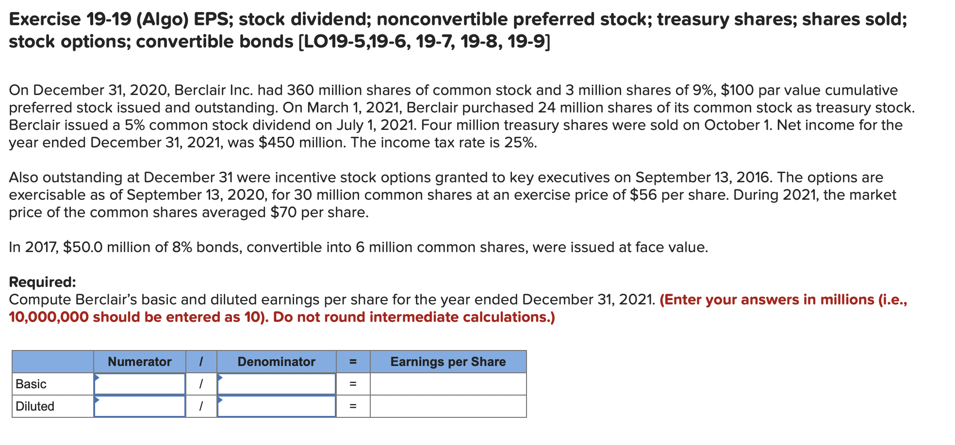 Solved Exercise 19-19 (Algo) EPS; stock dividend; | Chegg.com