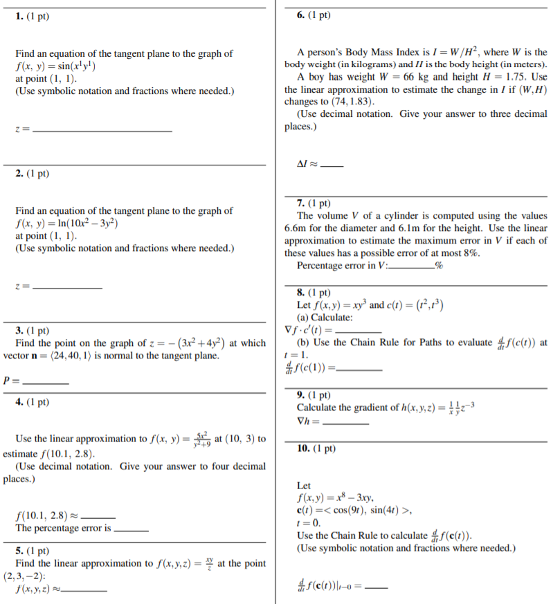 Solved 1. (1 pt) 6. (1 pt) Find an equation of the tangent | Chegg.com Solved 1. (1 pt) 6. (1 pt) Find an equation of the tangent | Chegg.com