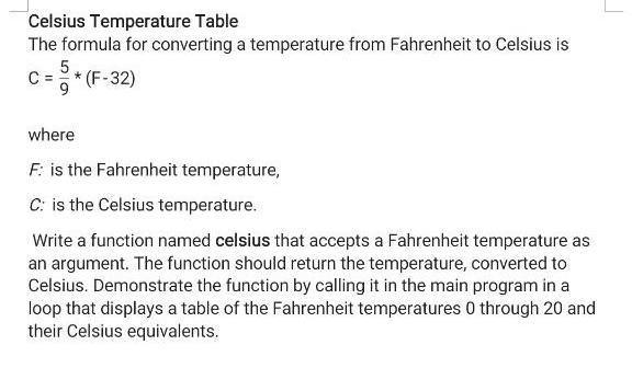 Solved Celsius Temperature Table The formula for converting | Chegg.com