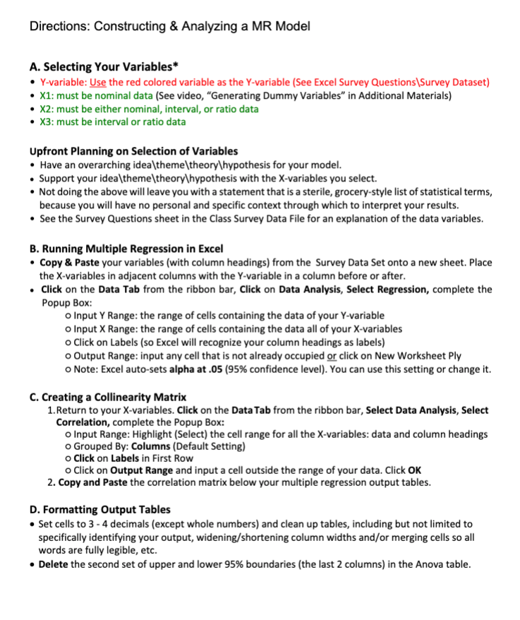 A. Selecting Your Variables* - Y-variable: Use the | Chegg.com