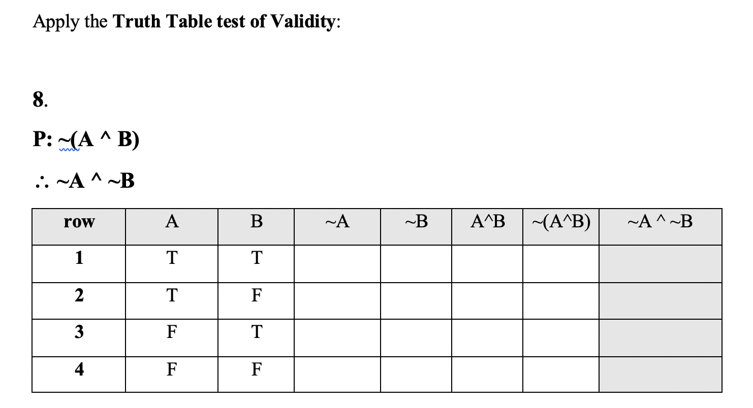 Solved Apply the Truth Table test of Validity: 8. P: ~(A^B) | Chegg.com