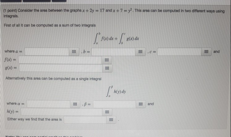 Solved (1 point) Consider the area between the graphs x + 2y | Chegg.com