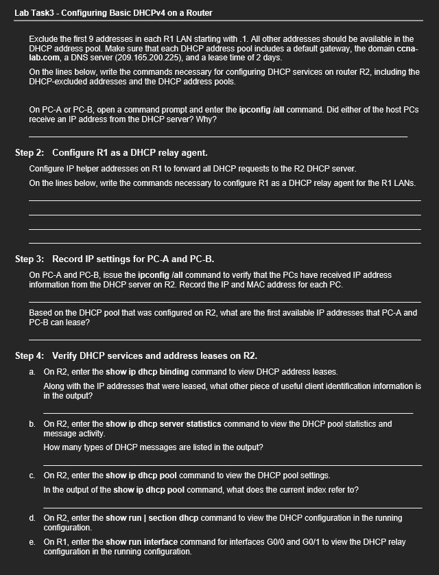 Solved Lab Task3 - Configuring Basic DHCPv4 on a Router | Chegg.com
