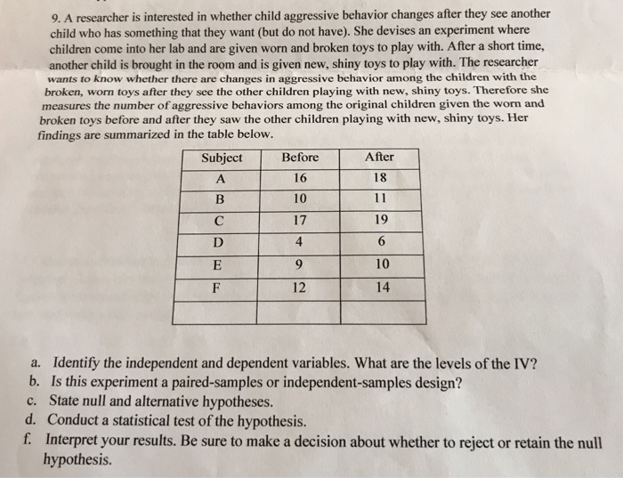 Solved 9. A researcher is interested in whether child | Chegg.com