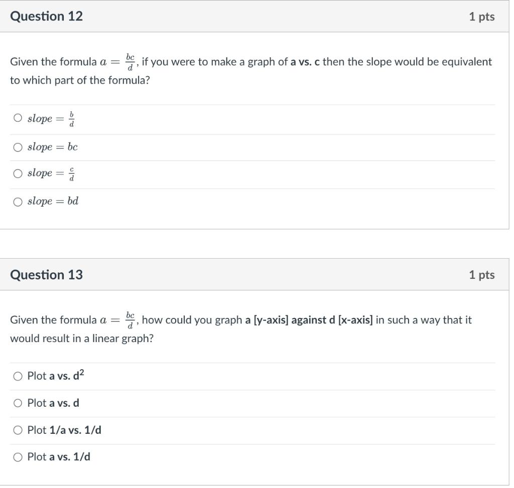 Solved Given the formula a=dbc, if you were to make a graph | Chegg.com
