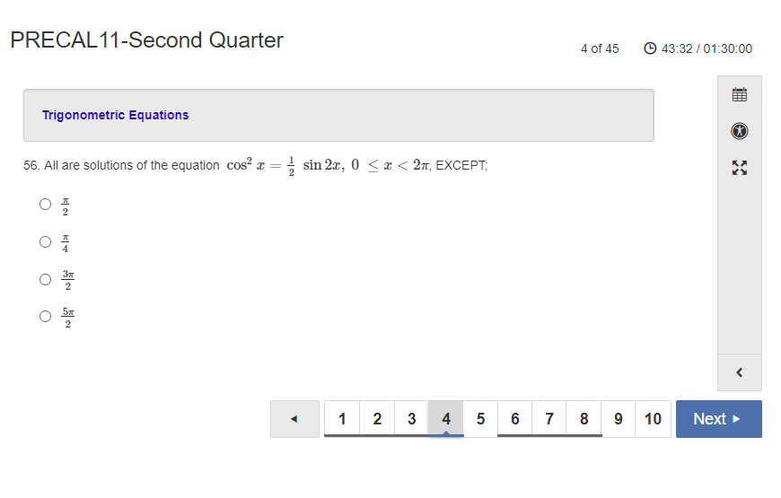 Solved PRECAL11-Second Quarter 4 of 45 43:32 / 01:30:00 | Chegg.com