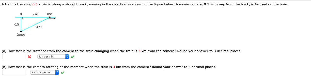 Solved A train is traveling 0.5 km/min along a straight | Chegg.com