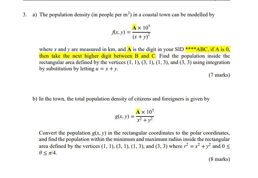 Solved 3. a) The population density (in people per m²) in a | Chegg.com