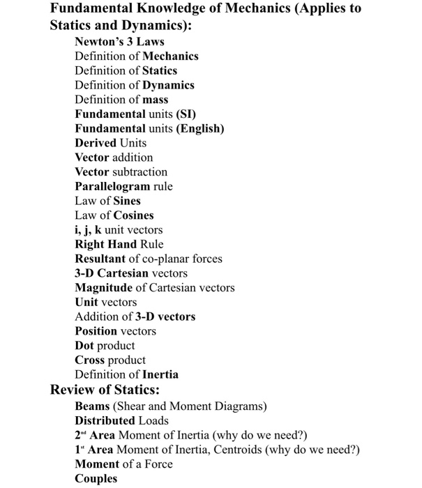 Solved Fundamental Knowledge of Mechanics (Applies to | Chegg.com