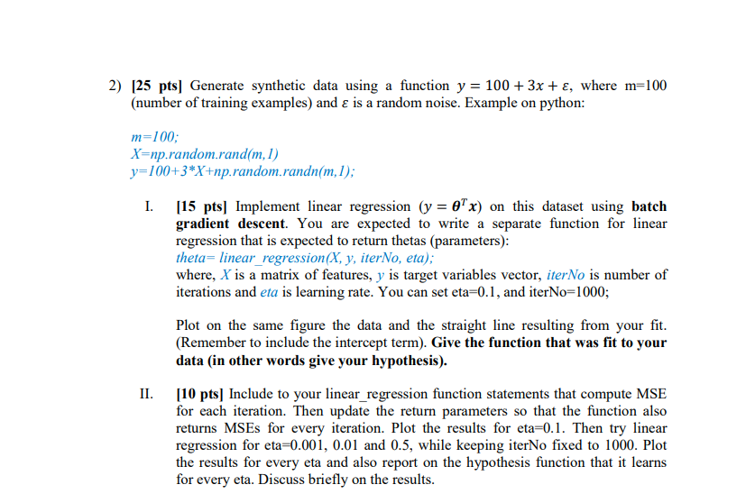 Solved 2) (25 pts] Generate synthetic data using a function | Chegg.com