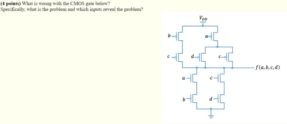 Solved (4 points) What is wrong with the CMOS gate below? | Chegg.com