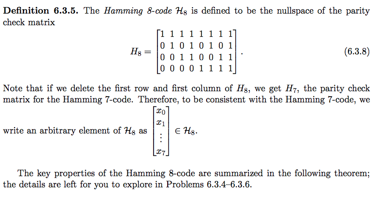 Definition 6.3.5. The Hamming 8-code Hy is defined to | Chegg.com