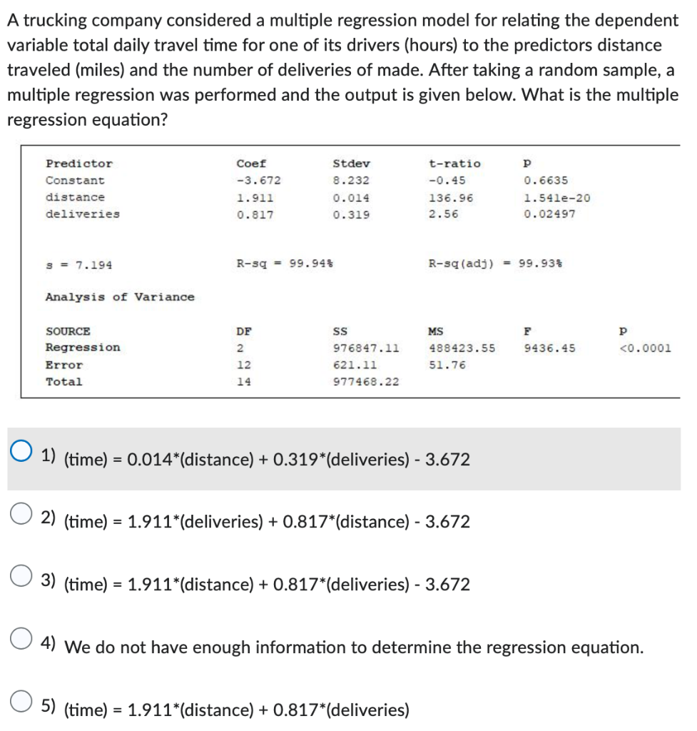 Solved A trucking company considered a multiple regression | Chegg.com