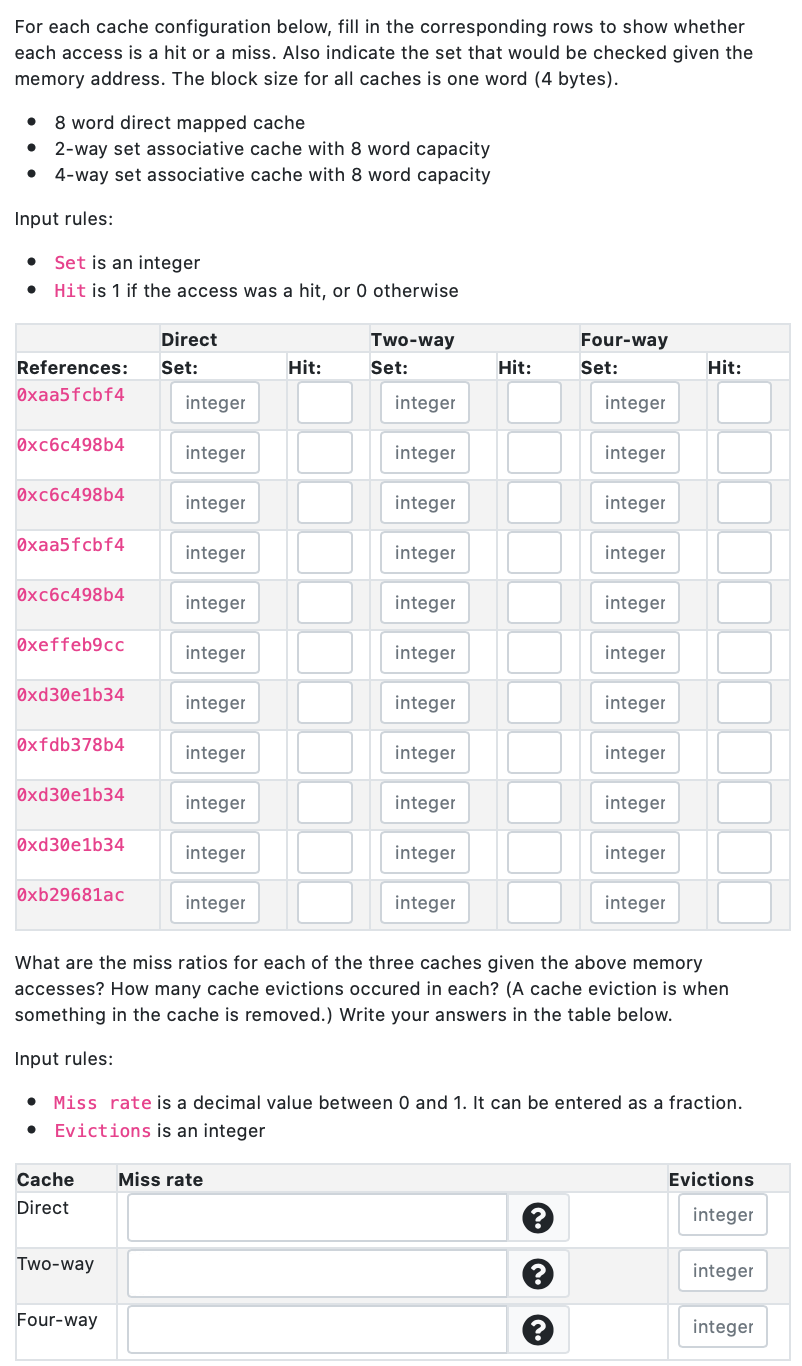 Solved For each cache configuration below, fill in the | Chegg.com
