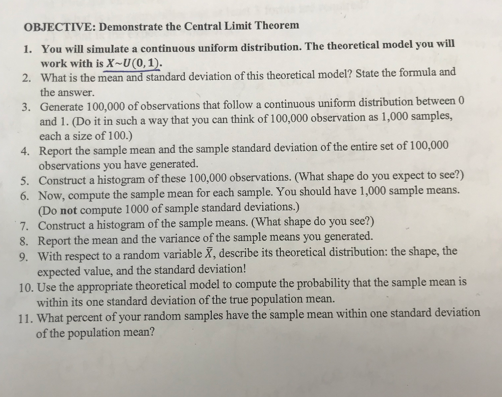 OBJECTIVE: Demonstrate the Central Limit Theorem 1. | Chegg.com