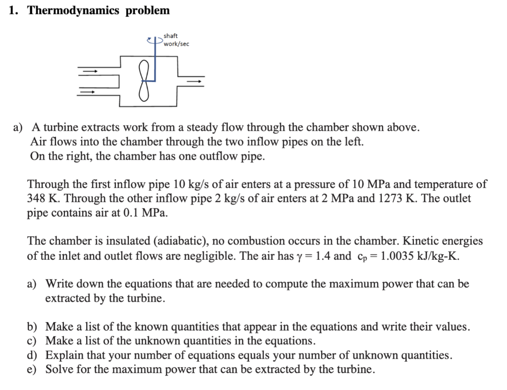 Solved 1. Thermodynamics problem shaft work/sec a) A turbine | Chegg.com