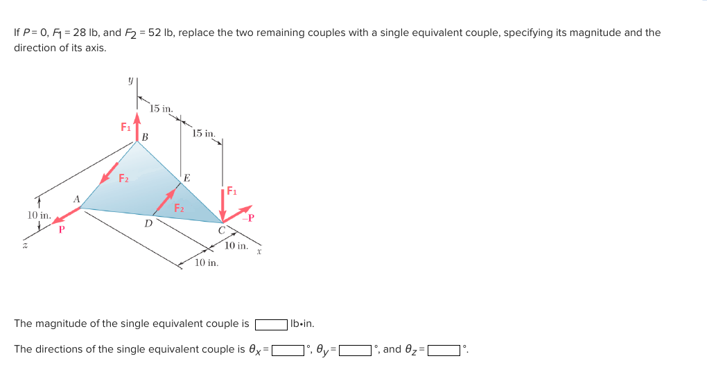 Solved If p= 0, F1 = 28 lb, and F2 = 52 lb, replace the two | Chegg.com