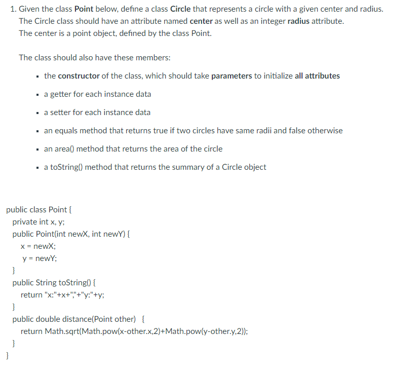 Solved 1. Given the class Point below, define a class Circle | Chegg.com