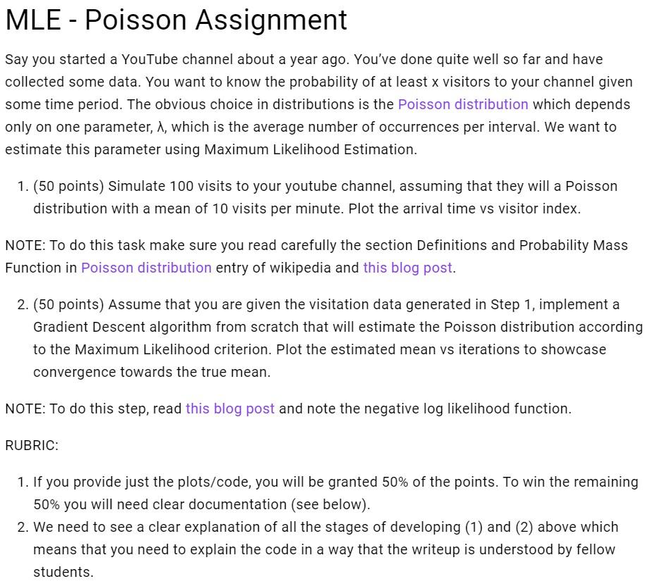 MLE - Poisson Assignment Say you started a YouTube | Chegg.com
