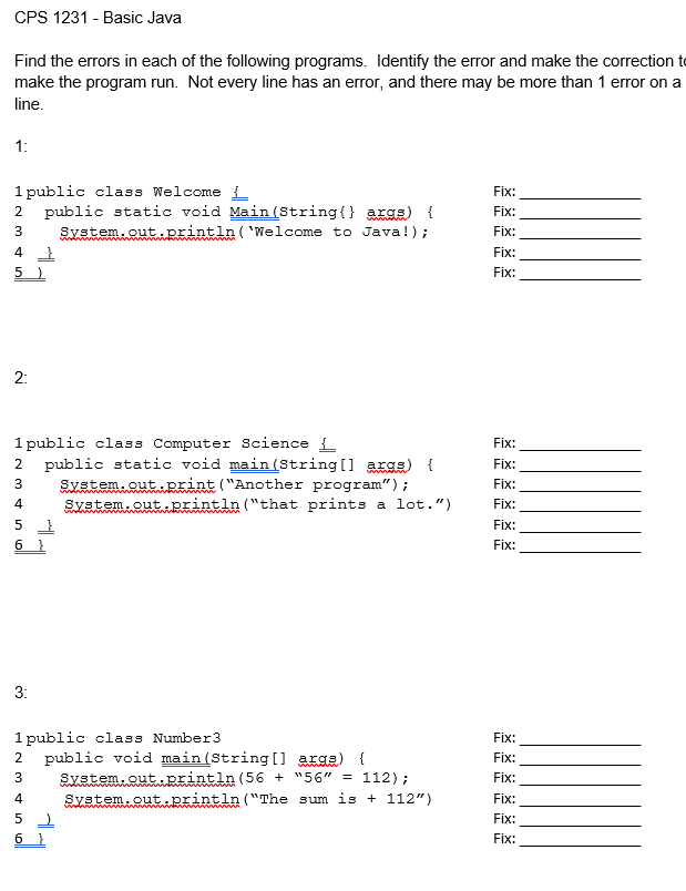 Solved Cps 1231 Basic Java Find The Errors In Each Of The 