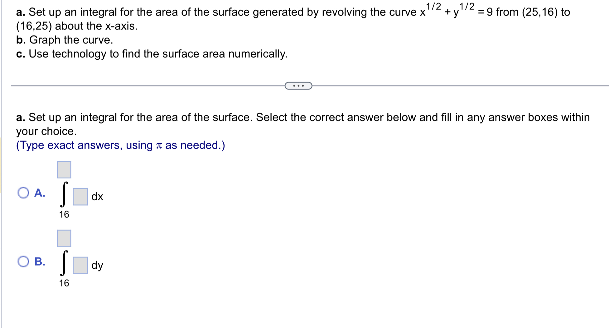 Solved a. Set up an integral for the area of the surface | Chegg.com