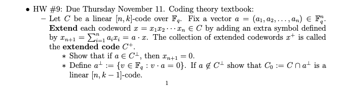 Solved HW #9: Due Thursday November 11. Coding theory | Chegg.com
