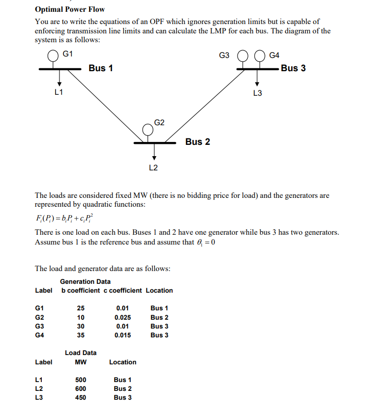 Optimal Power Flow You are to write the equations of | Chegg.com