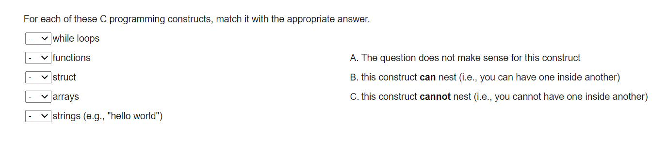 Solved For each of these C programming constructs, match it | Chegg.com