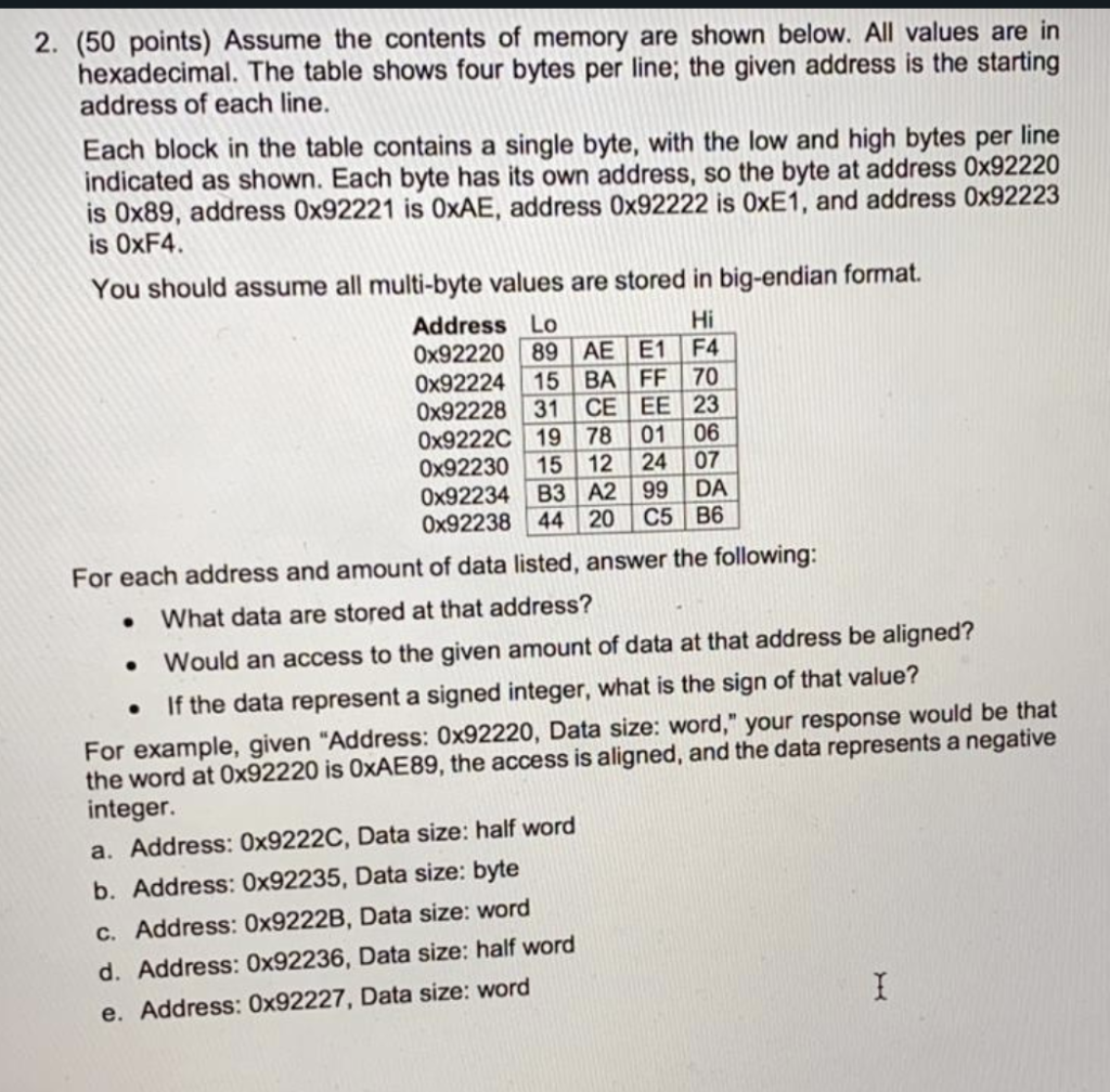 Solved 2. (50 points) Assume the contents of memory are | Chegg.com