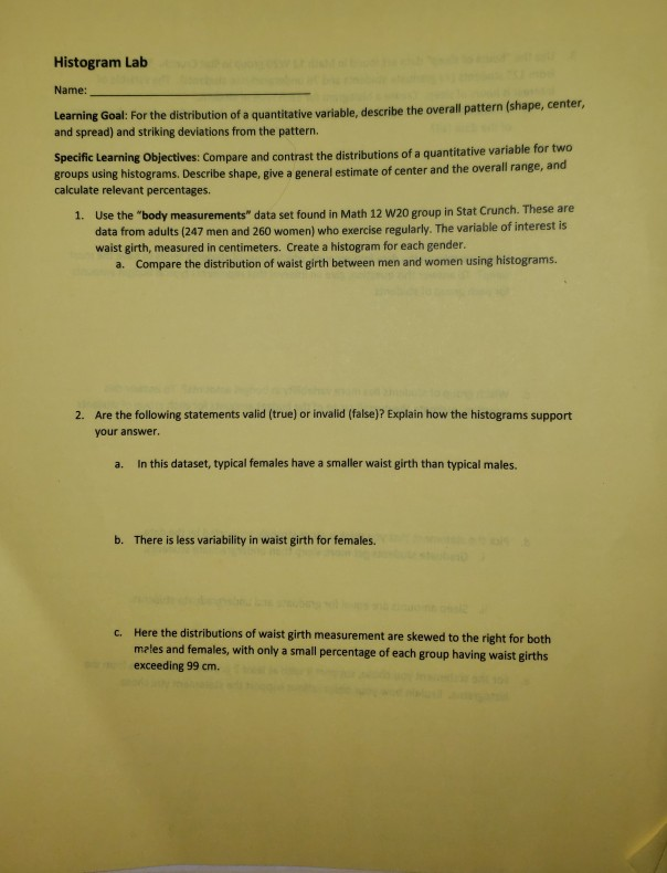 Solved Histogram Lab Name: Learning Goal: For the | Chegg.com