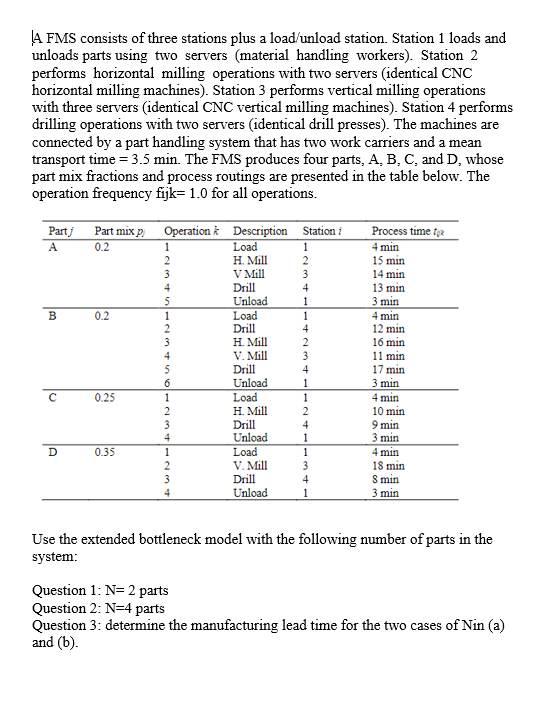 Solved \A FMS consists of three stations plus a load/unload | Chegg.com