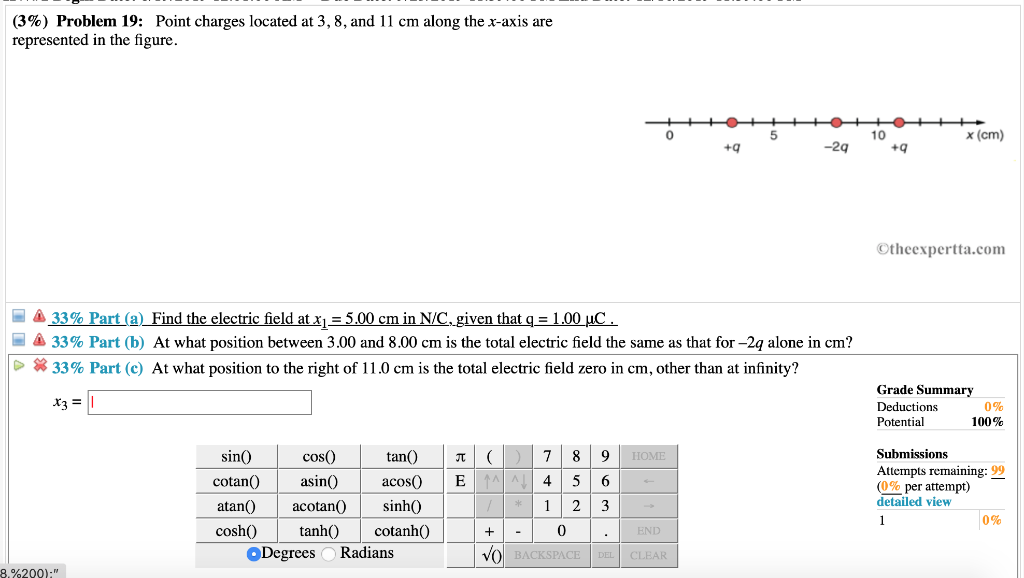 Solved (3%) Problem 19: Point charges located at 3, 8, and | Chegg.com
