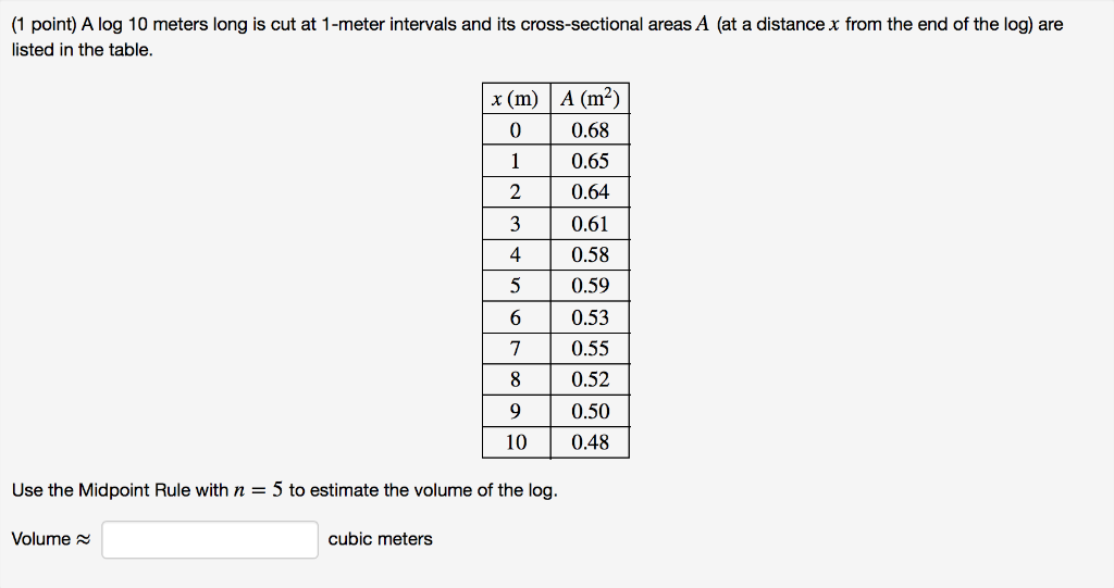 Solved (1 point) A log 10 meters long is cut at 1-meter | Chegg.com