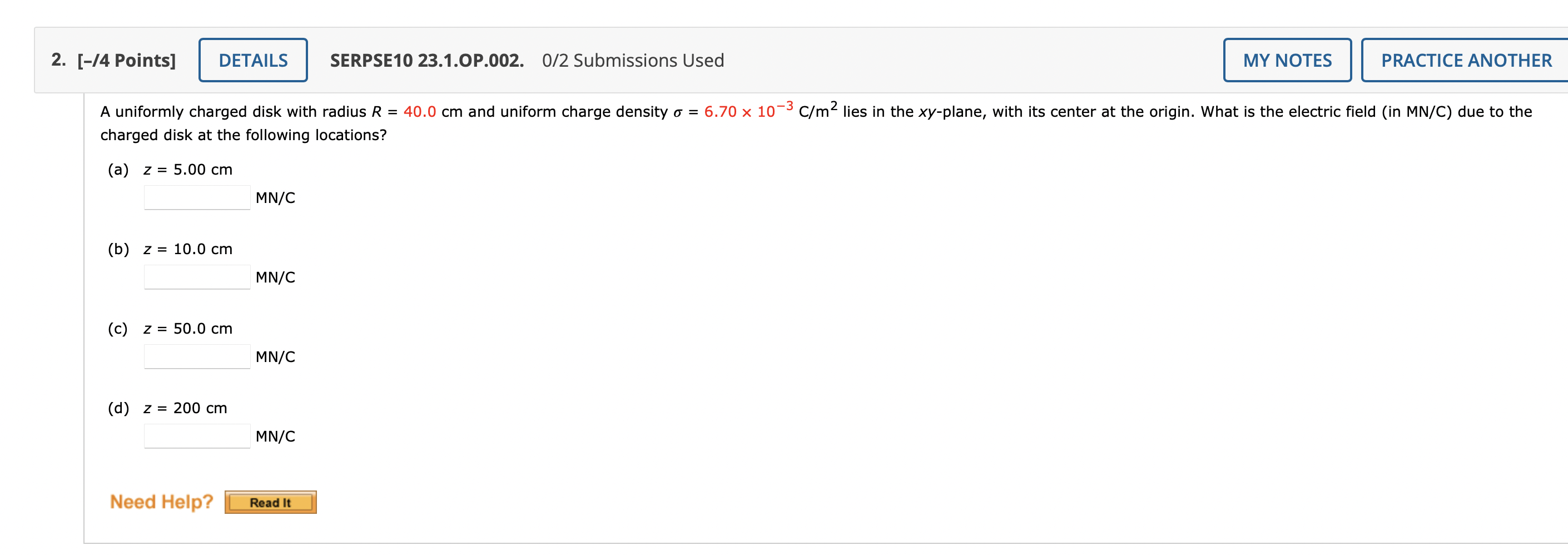 Solved charged disk at the following locations? (a) z=5.00 | Chegg.com