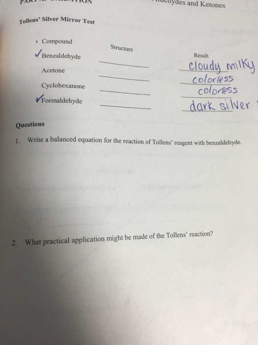 Solved Write a balanced equation for the reaction of tollens | Chegg.com
