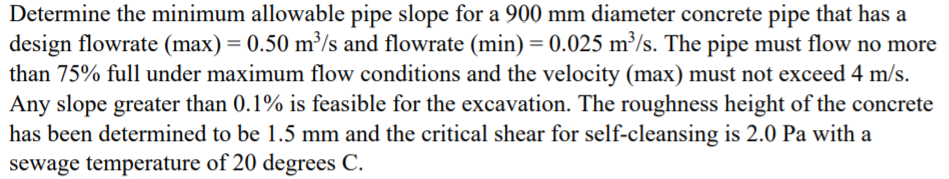 Determine the minimum allowable pipe slope for a 900 | Chegg.com