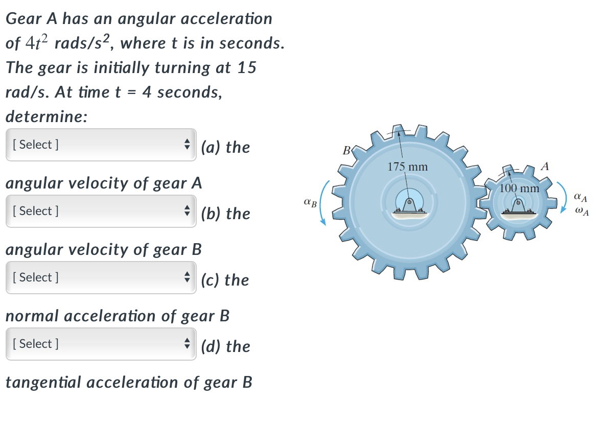 Solved Gear A has an angular acceleration of 4t2 rads/s?, | Chegg.com
