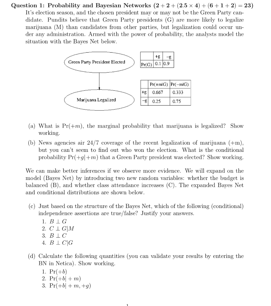 Solved Question 1: Probability and Bayesian Networks (2 + | Chegg.com