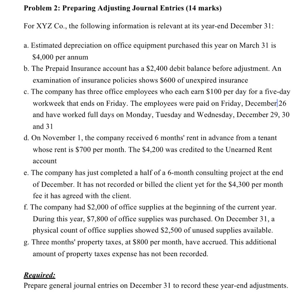 Solved Problem 2: Preparing Adjusting Journal Entries (14 | Chegg.com
