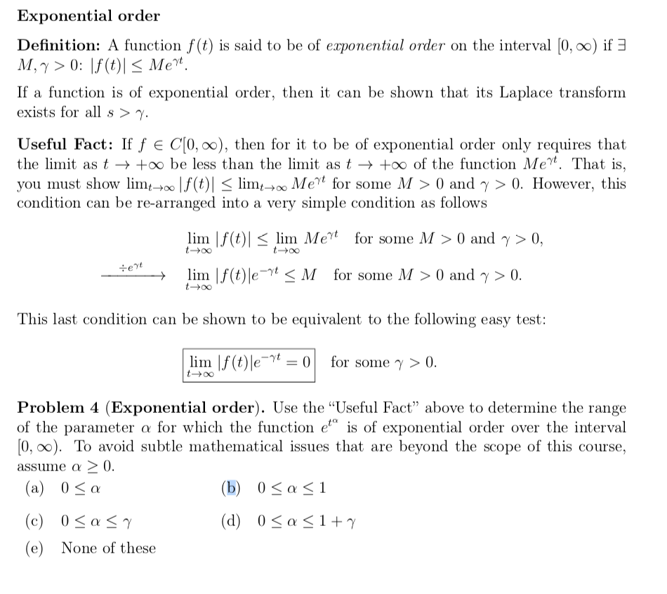 Solved Exponential order Definition: A function f(t) is said | Chegg.com