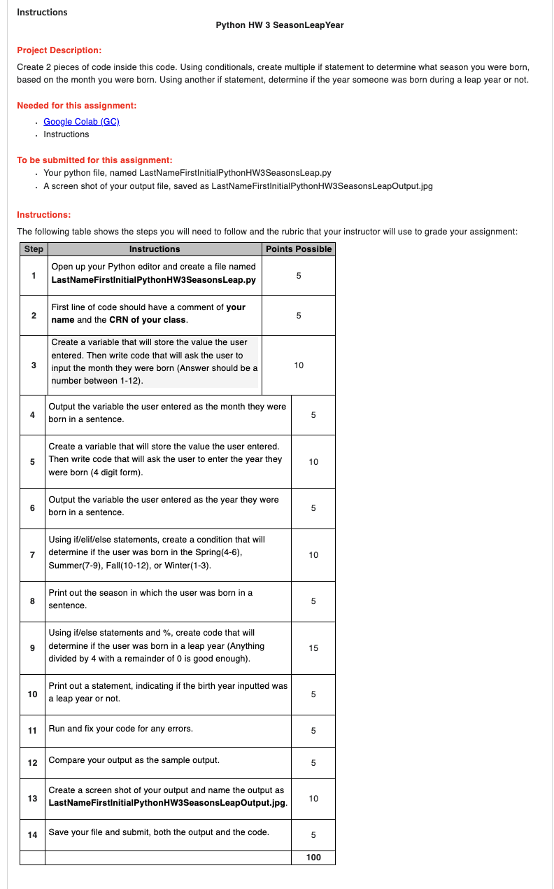Solved Instructions Python Hw 3 Seasonleapyear Project 8571