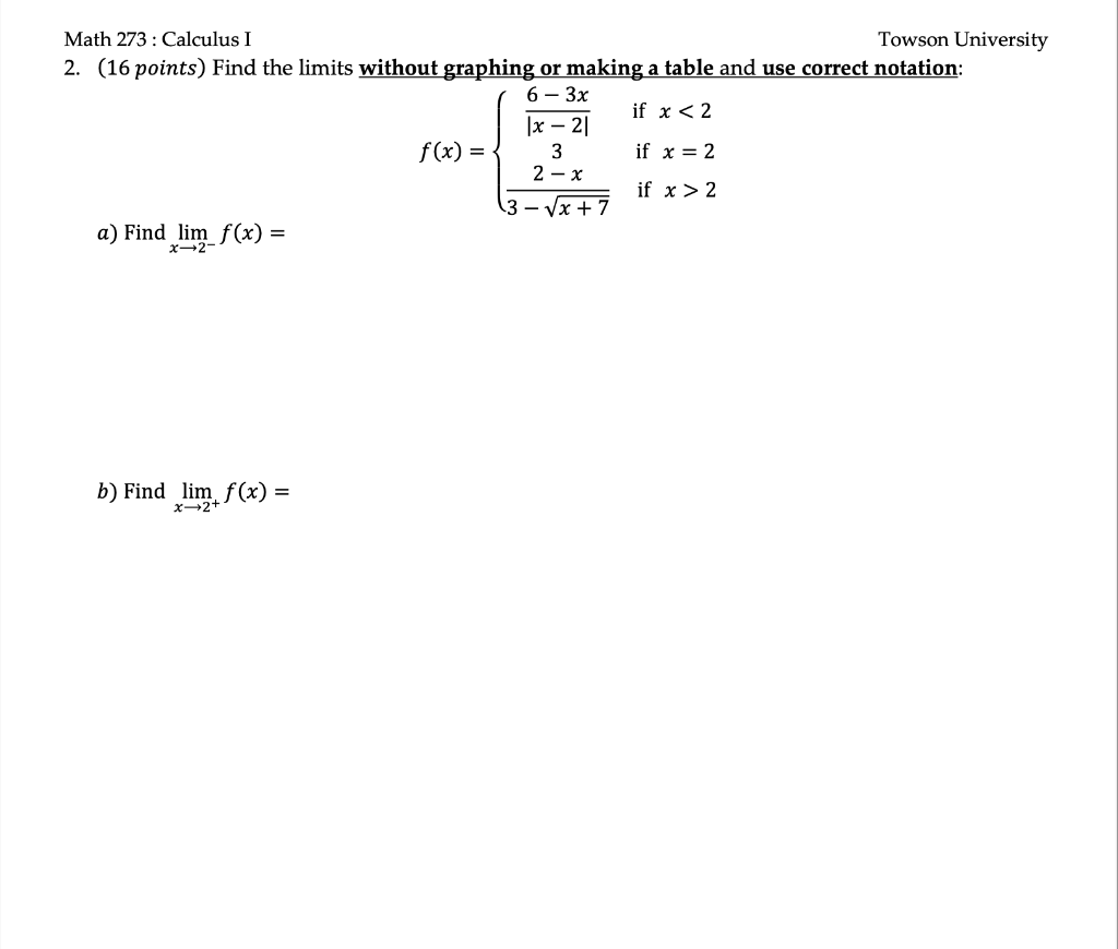 Math 273 : Calculus I Towson University 2. (16 | Chegg.com