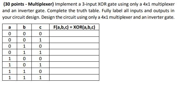 Solved с (30 points - Multiplexer) Implement a 3-input XOR | Chegg.com